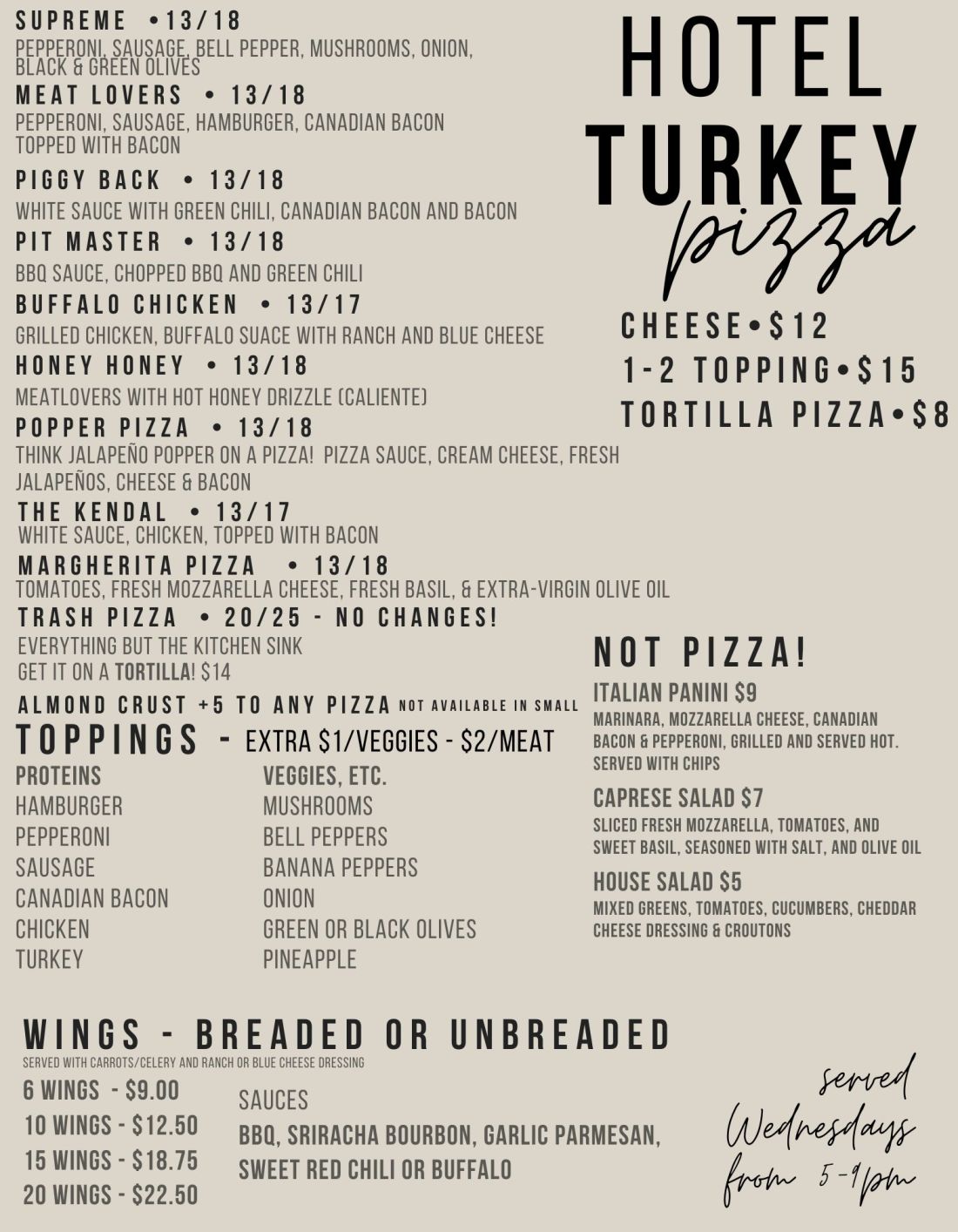 MENUS – HOTEL TURKEY