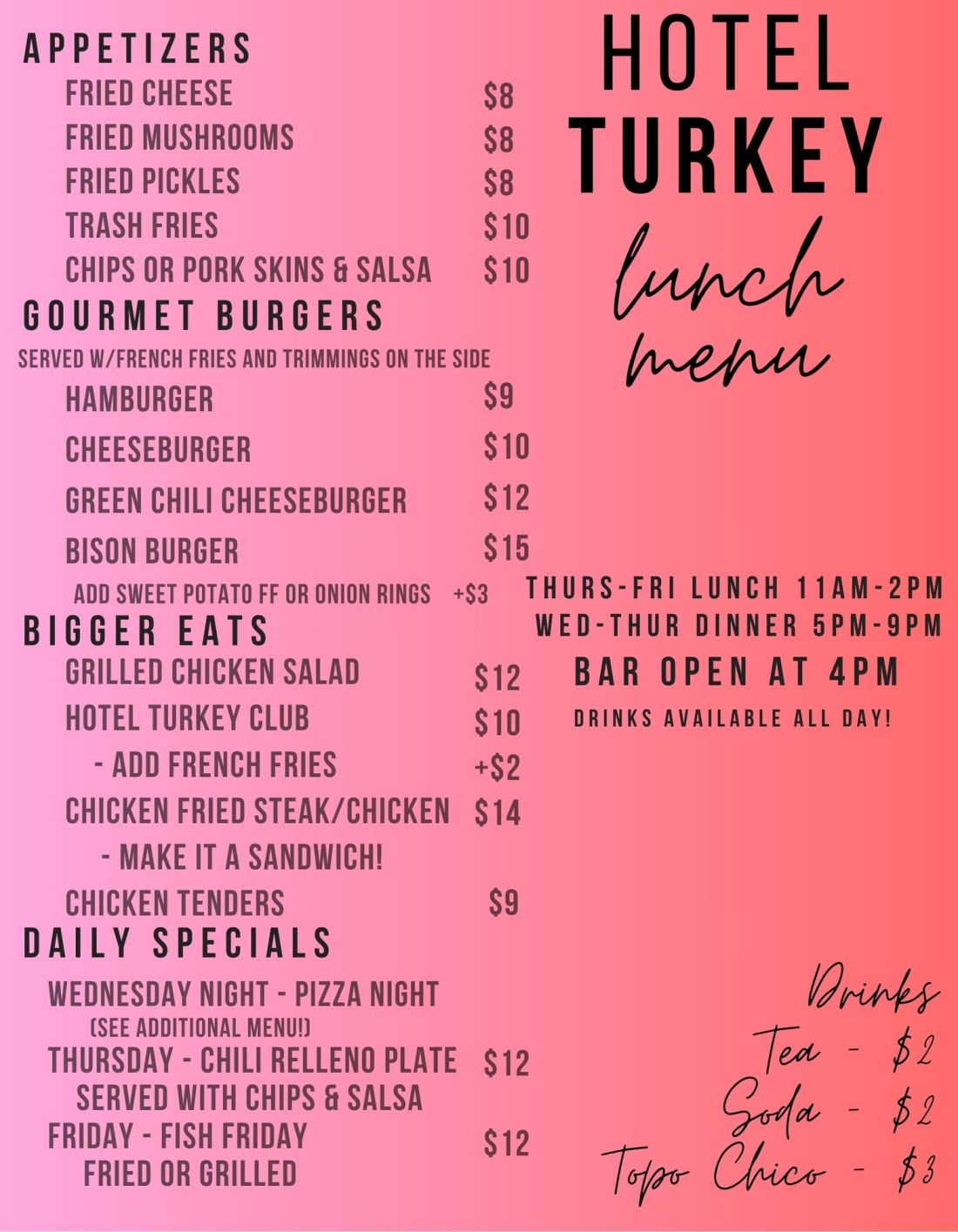 MENUS – HOTEL TURKEY