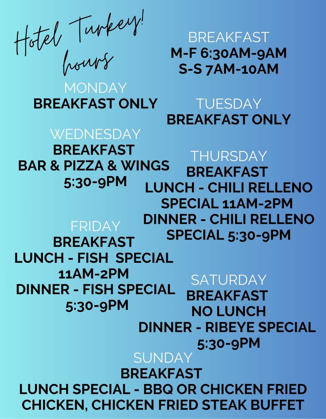 MENUS – HOTEL TURKEY